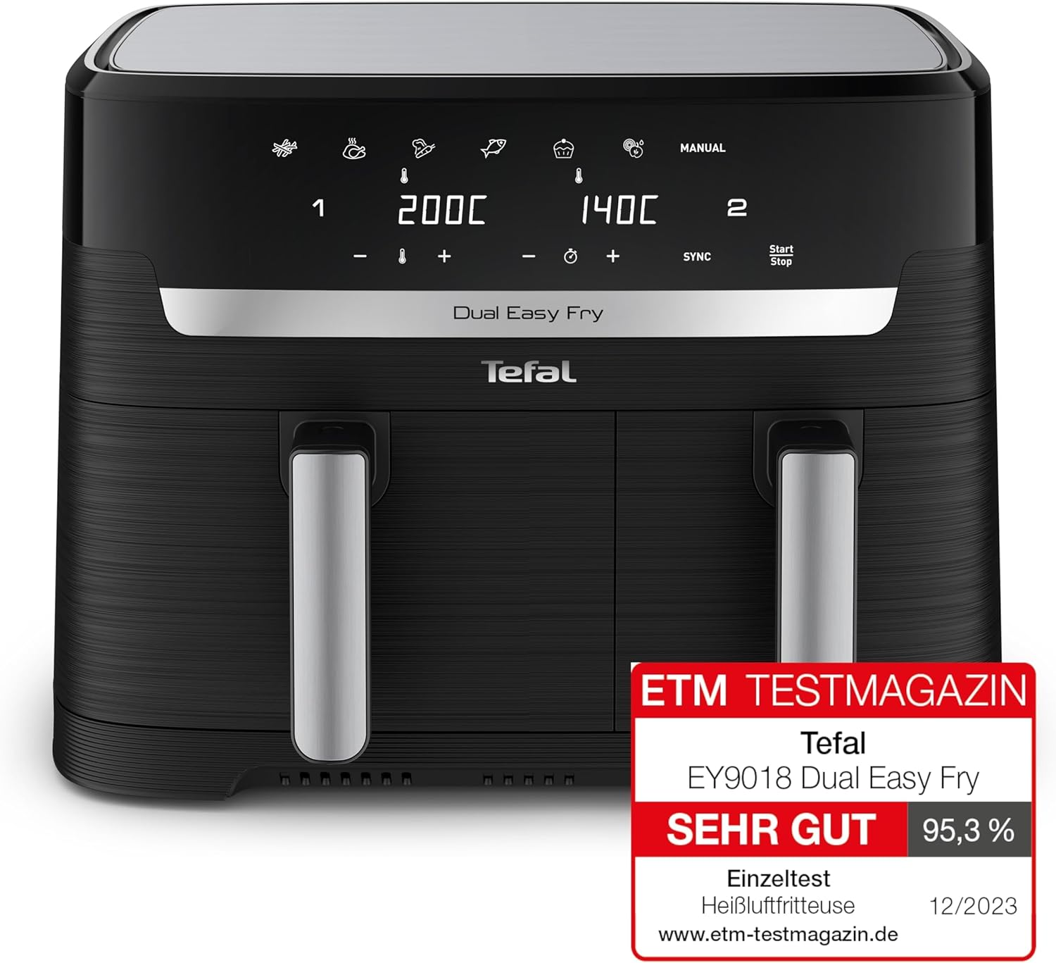 Tefal EY9018 Dual Easy Fry Doppelkammer-Heißluftfritteuse (5,2/3,1 L ...